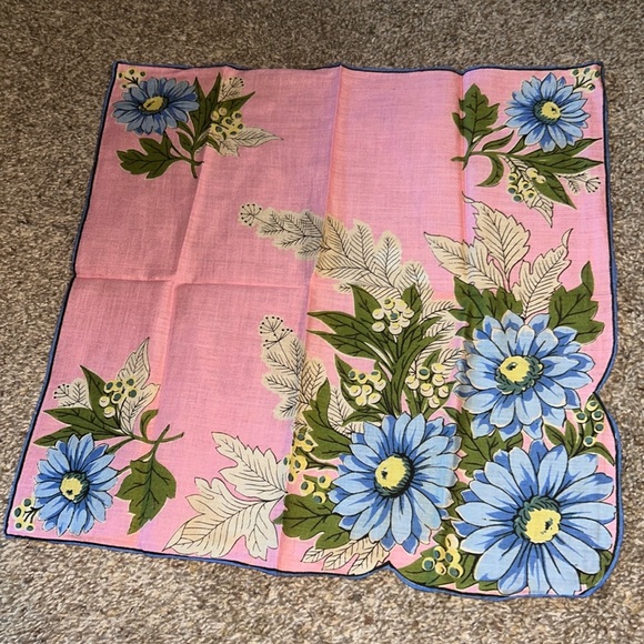 Accessories | Vintage Pink With Blue Flowers And Greenery Handkerchief ...